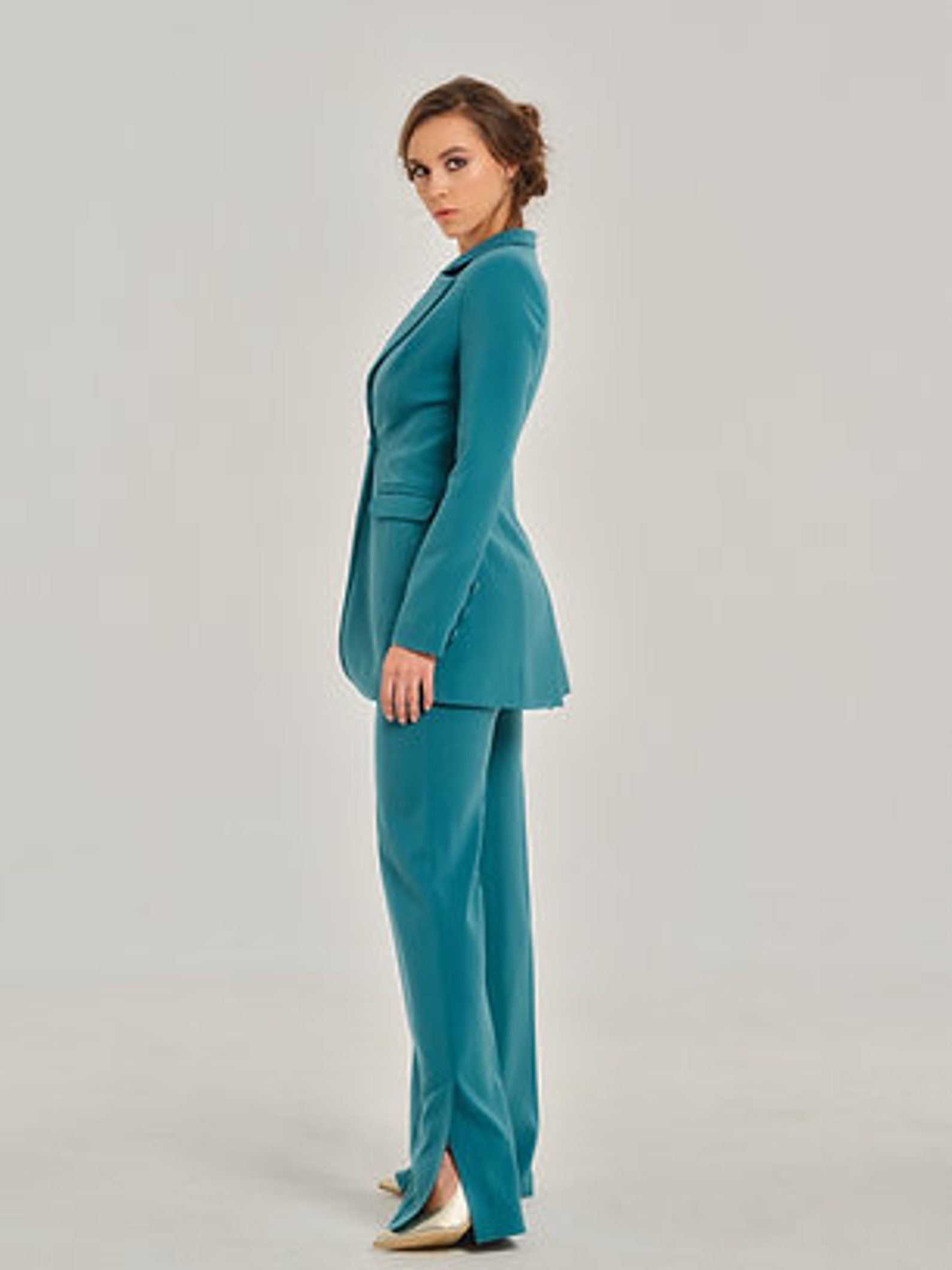 Women Two Piece Turquoise Suit Single Breasted Premium Cotton - Etsy