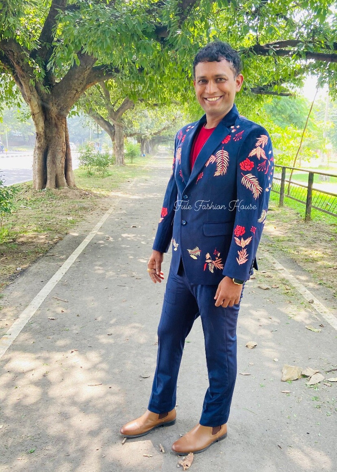 Men 2pc Blue Velvet Suit Personalized Floral Embroidered Notch Lapel ...