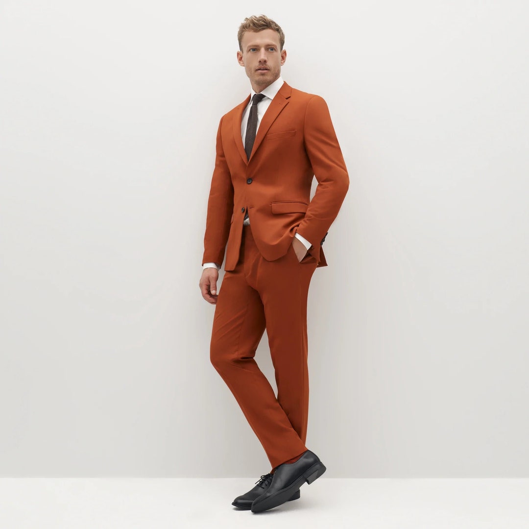 Men Rust Orange Cotton Coat Pants Custom Made 2pc Notch Lapel Designer ...