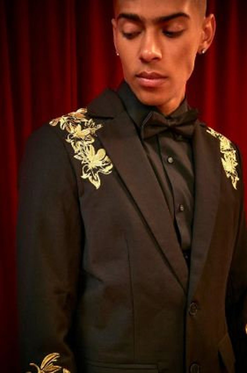 Men 2pc Black Cotton Suit Floral Embroidered Notch Lapel - Etsy