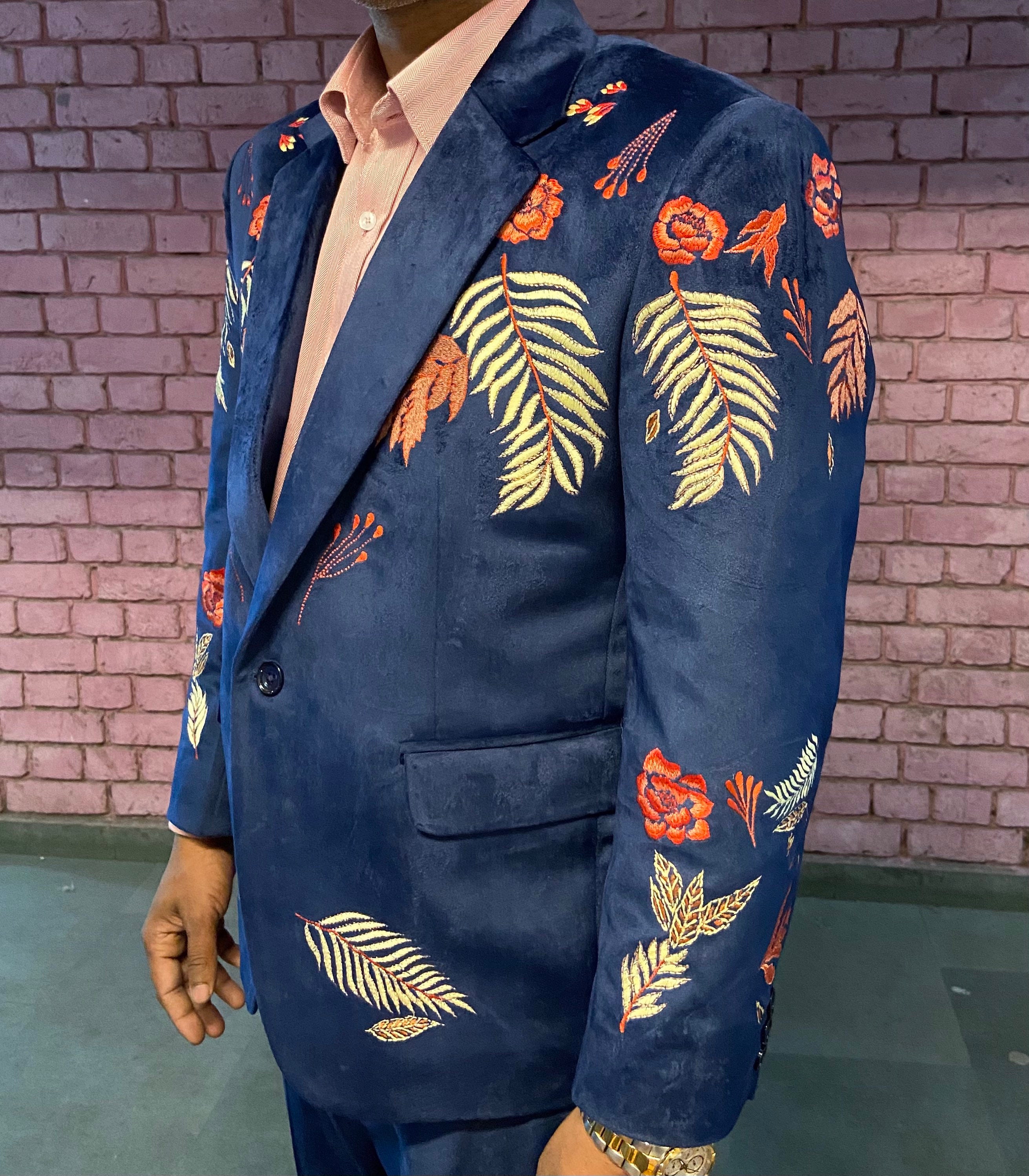 Men 2pc Blue Velvet Suit Personalized Floral Embroidered Notch - Etsy