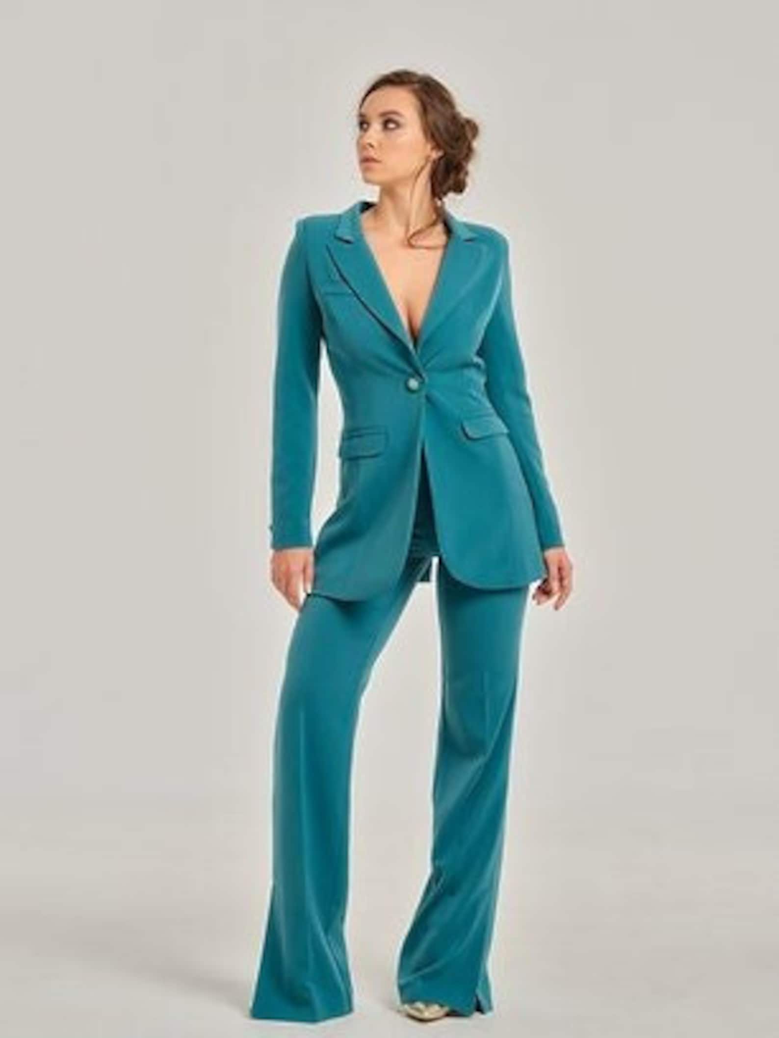 Women Two Piece Turquoise Suit Single Breasted Premium Cotton - Etsy