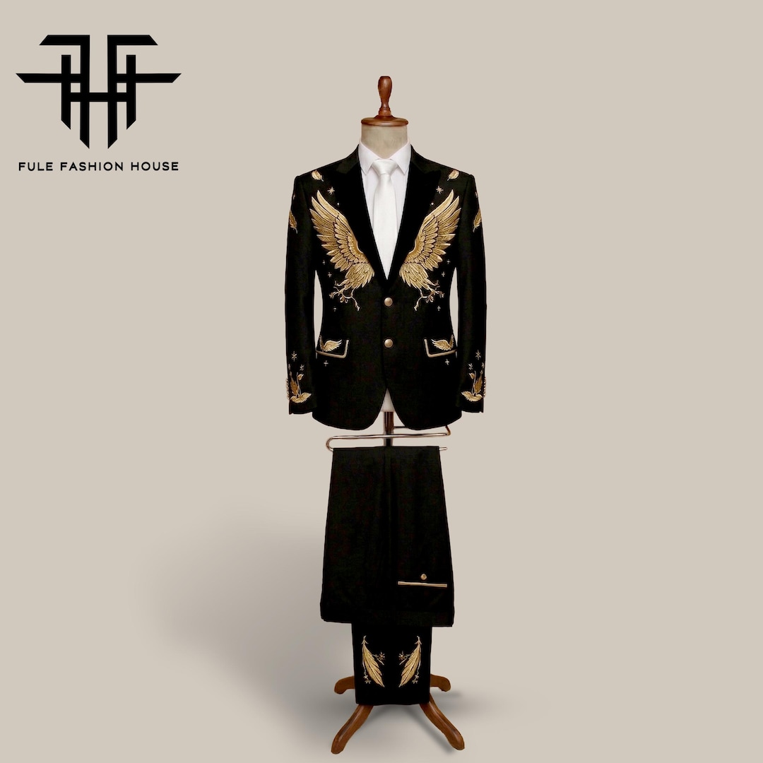 Black Embroidered Golden Wings Suit Western Nudie Style Blazer Mens ...