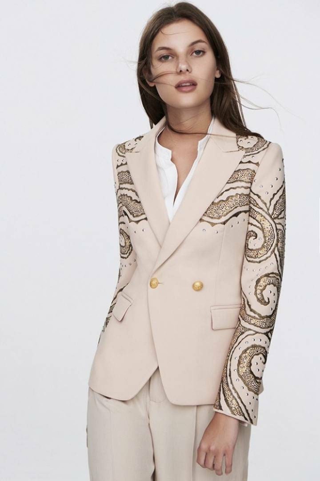 Women Beige Suit Two Piece Custom Made Double Breasted Embroidered ...