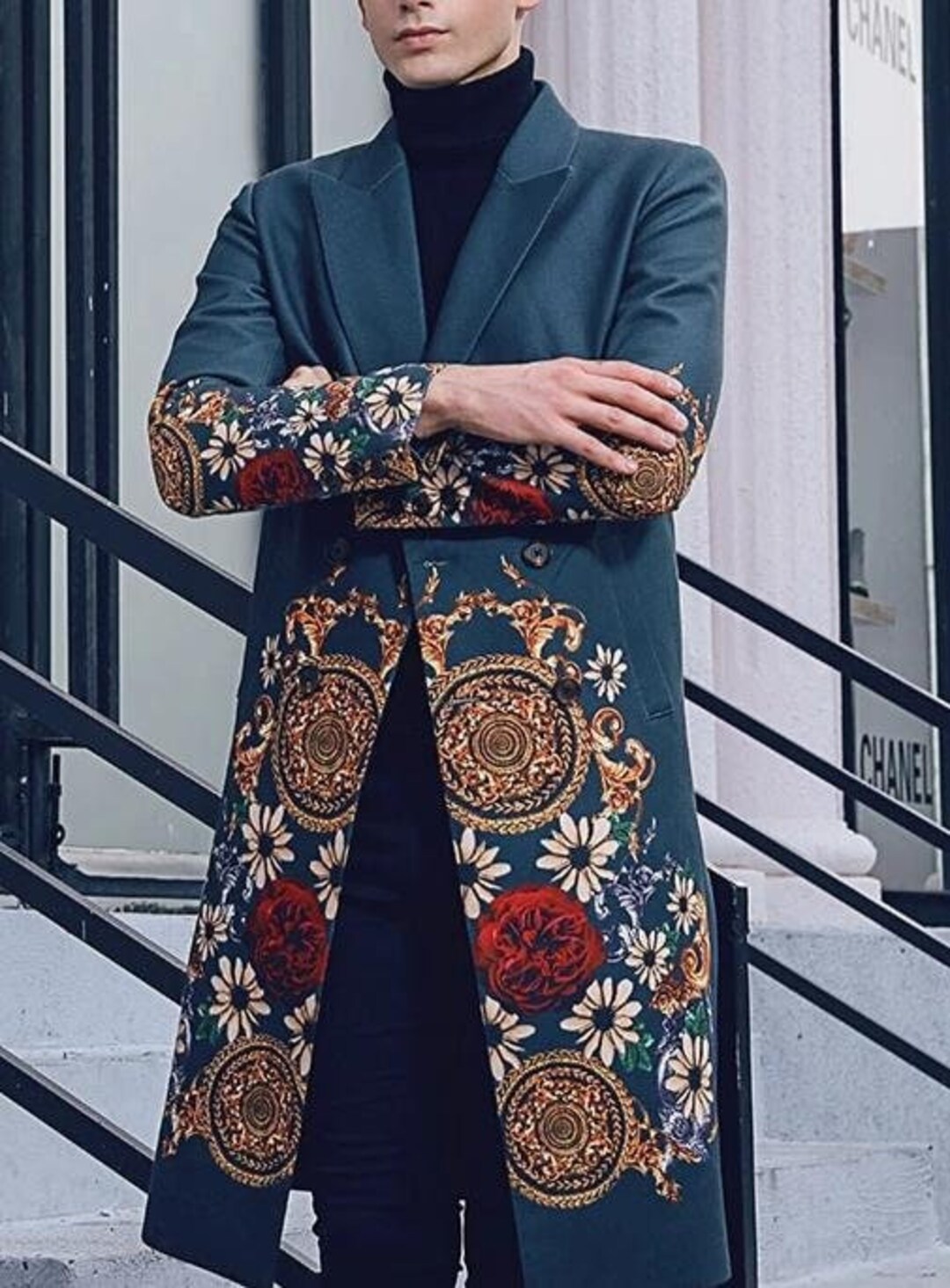 Men's Embroidered Long Coat: Custom Cotton Wedding Groomsmen Overcoat ...