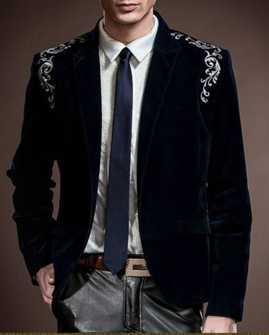 Men Navy Blue Velvet Jacket Custom Made Embroidered Coat for Wedding ...