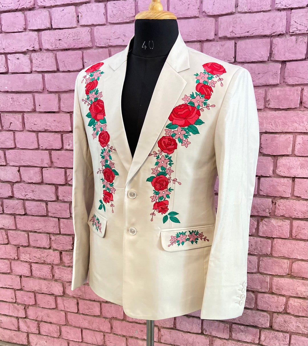 Men Designer Custom Made Cream Embroidered Jacket for Formal Business ...