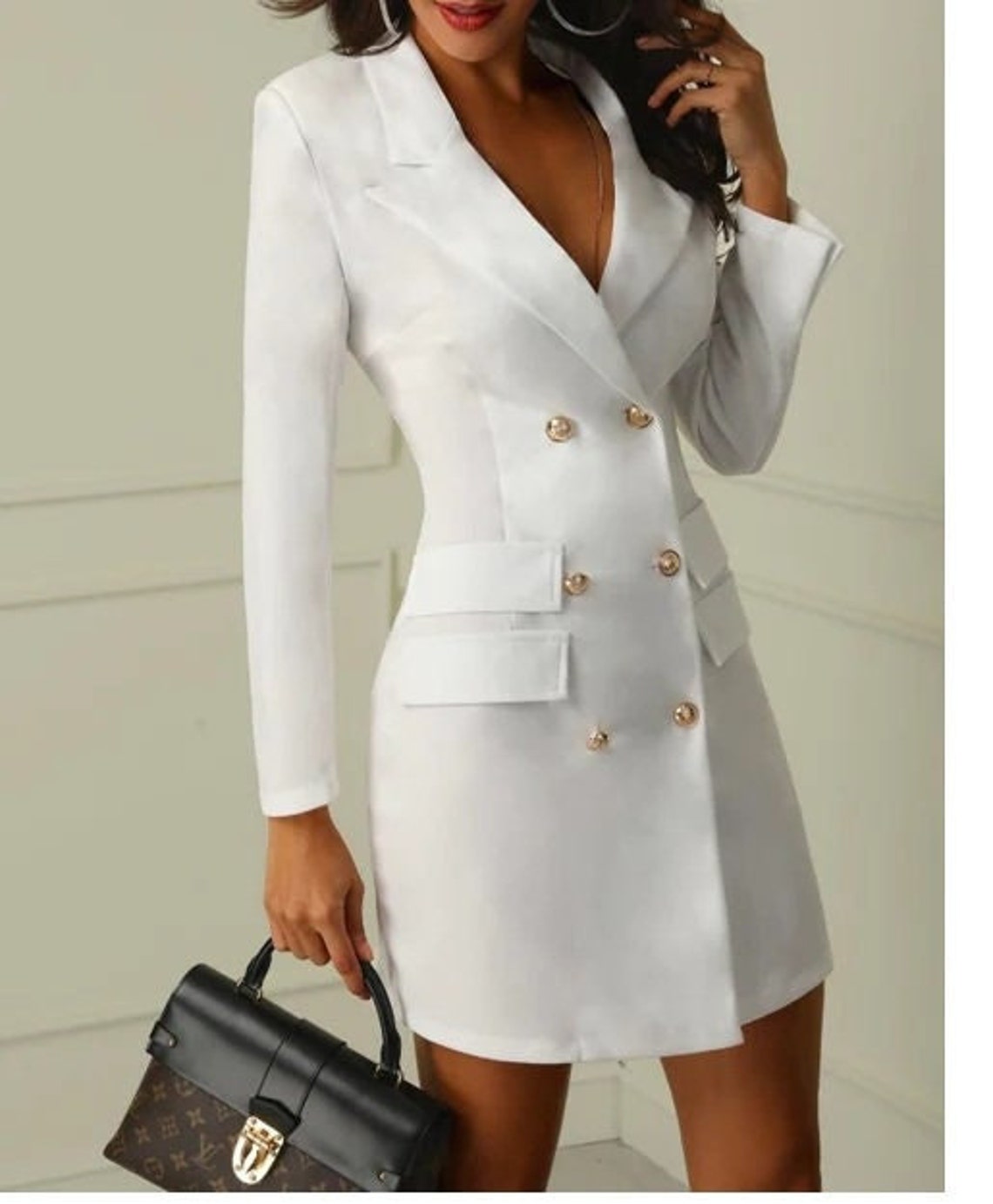 Women White Double Breasted Blazer Dress Without Belt for - Etsy