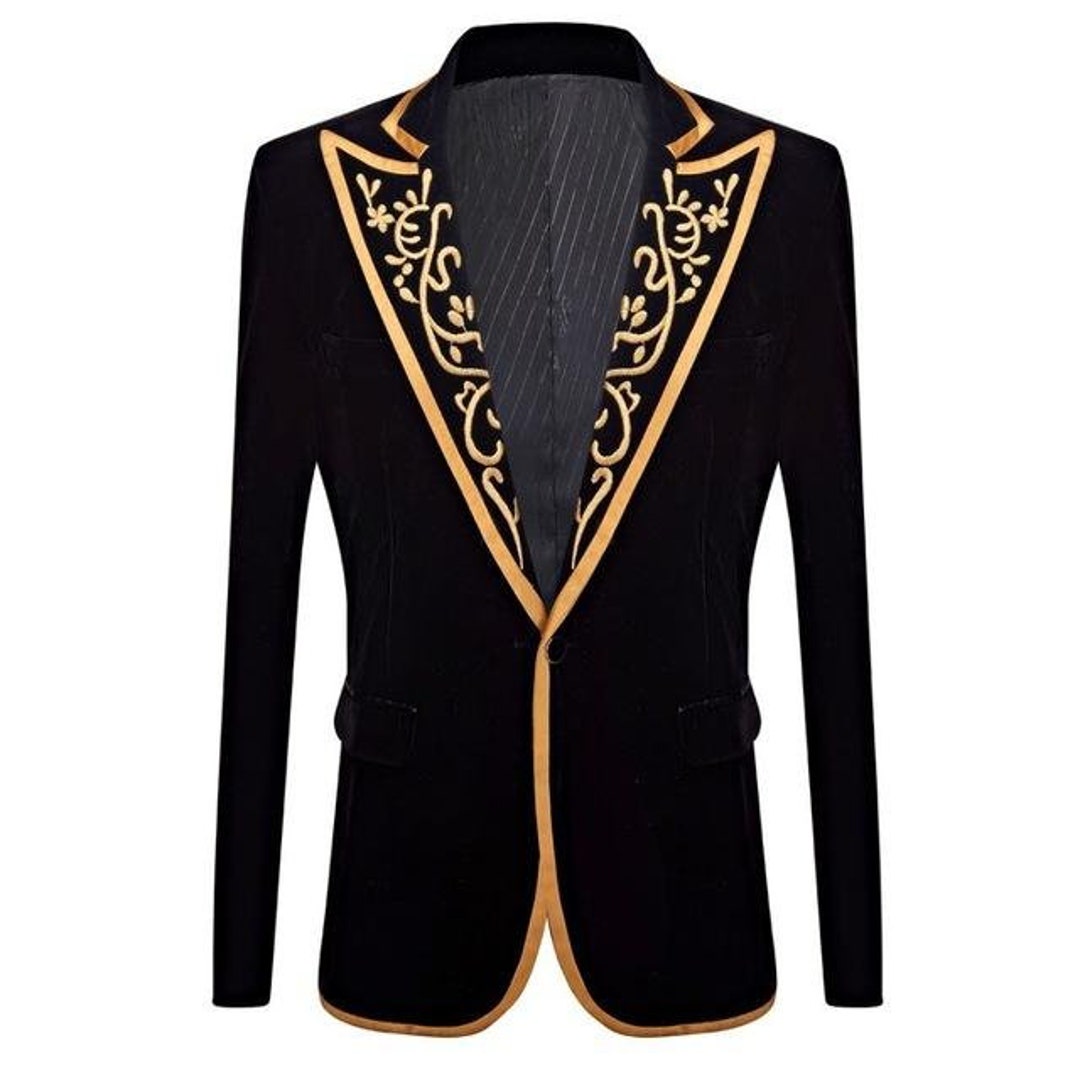 Men Black Velvet Jacket Custom Made Heavy Embroidered Coat for Wedding ...