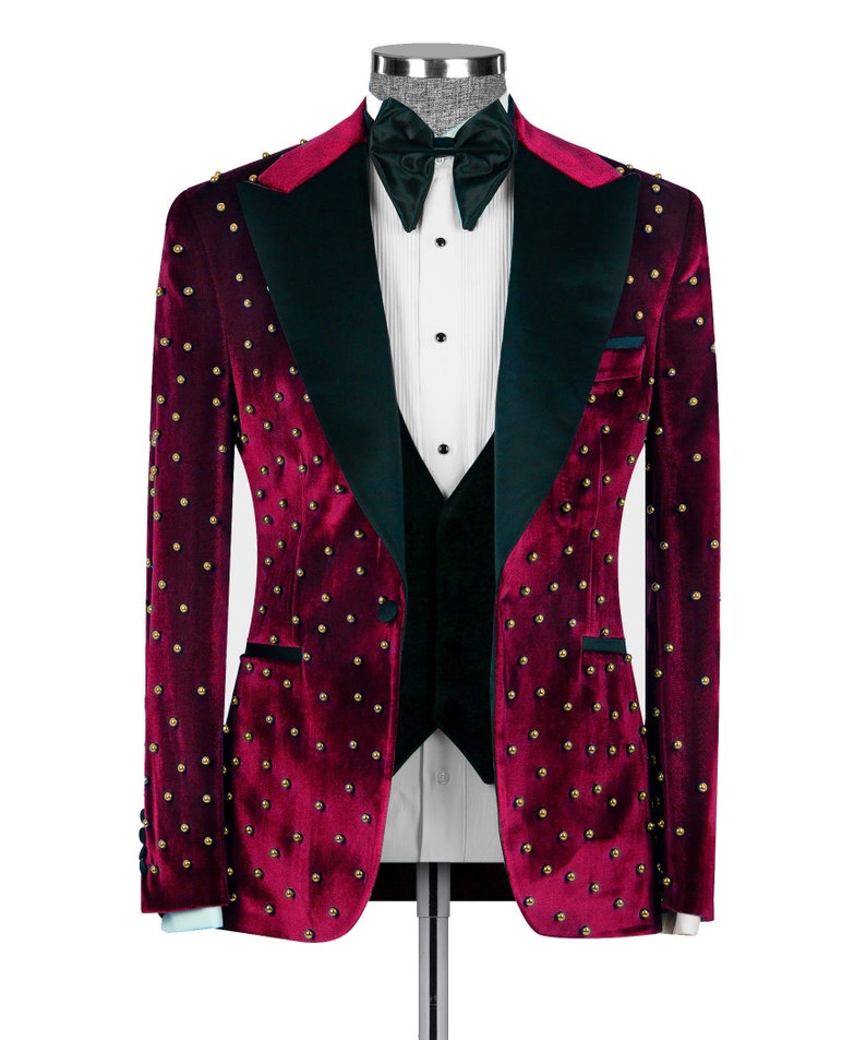 Men Wine Red Tuxedo Suit Bespoke 3pc Pearl Embroidered Velvet - Etsy