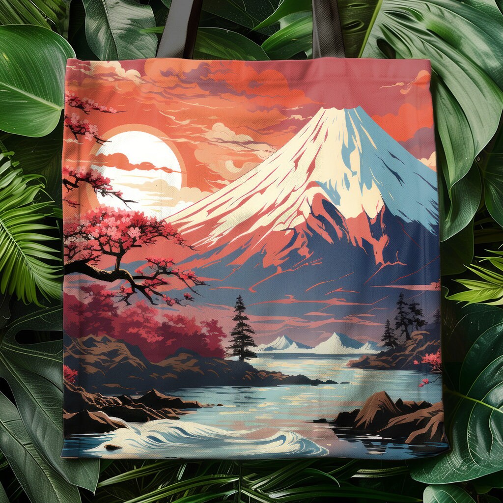 Mt Fuji With Cherry Blossom Trees Tote Bag, All-over-print, Reusable ...