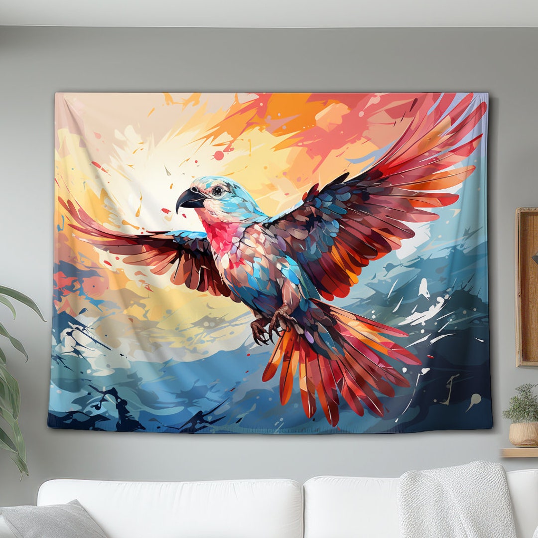 Colourful Artistic Parrot Flying Wall Tapestry, Hanging Wall Art Decor ...
