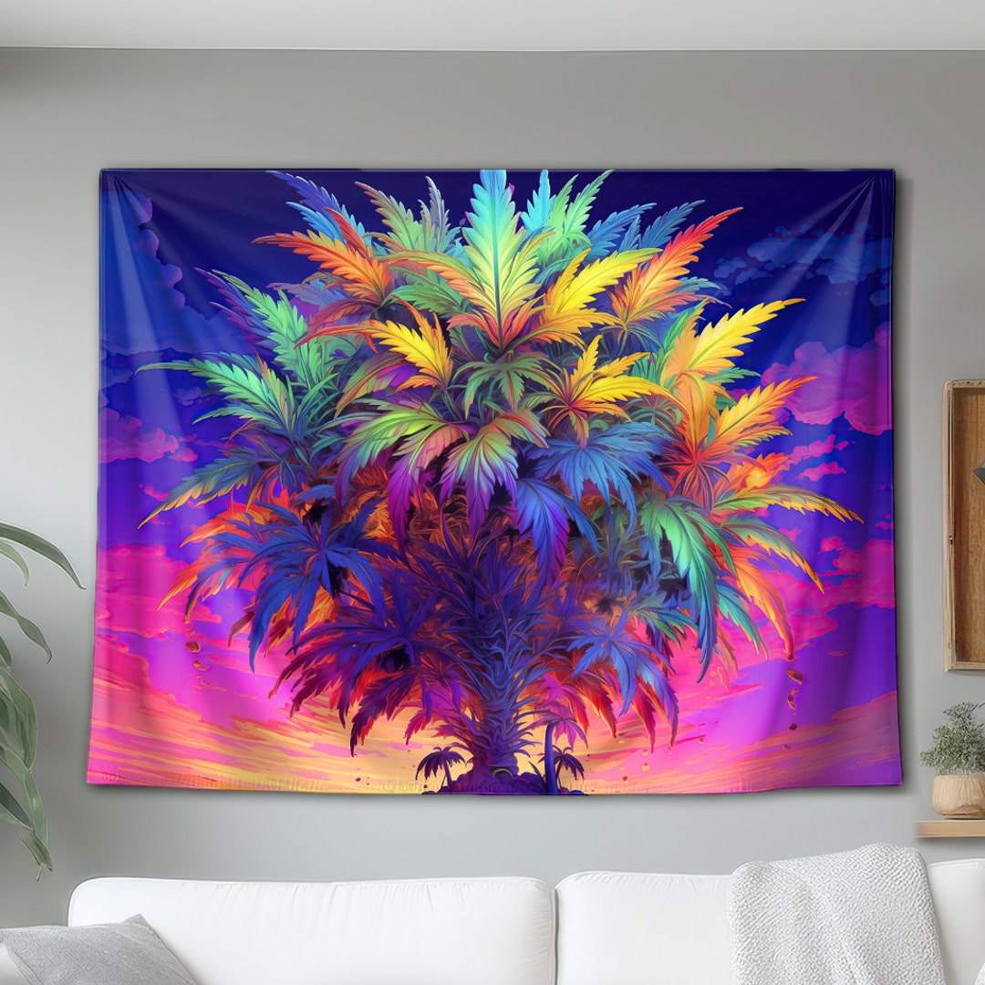 Big Colourful Marijuana Tree at Sunset Wall Tapestry, Hanging Wall Art ...
