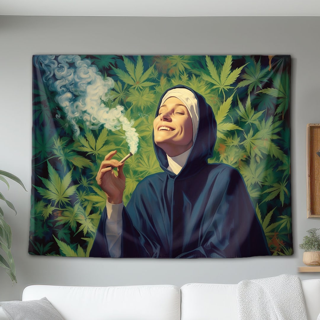 Laughing Nun Smoking A Joint With Marijuana Wall Tapestry, Hanging Wall ...