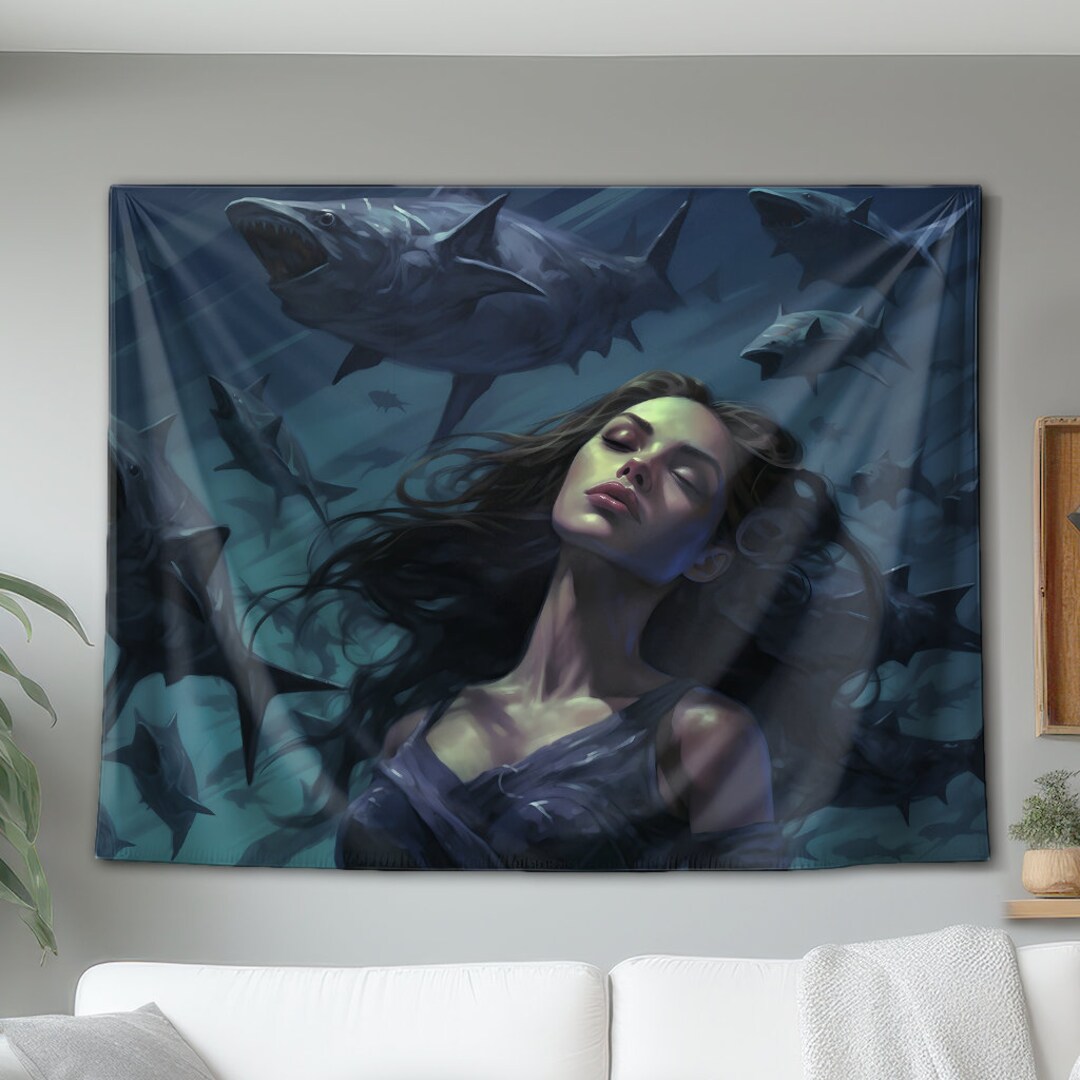 Lady Swims Underwater With Sharks Wall Tapestry, Hanging Wall Art Decor ...