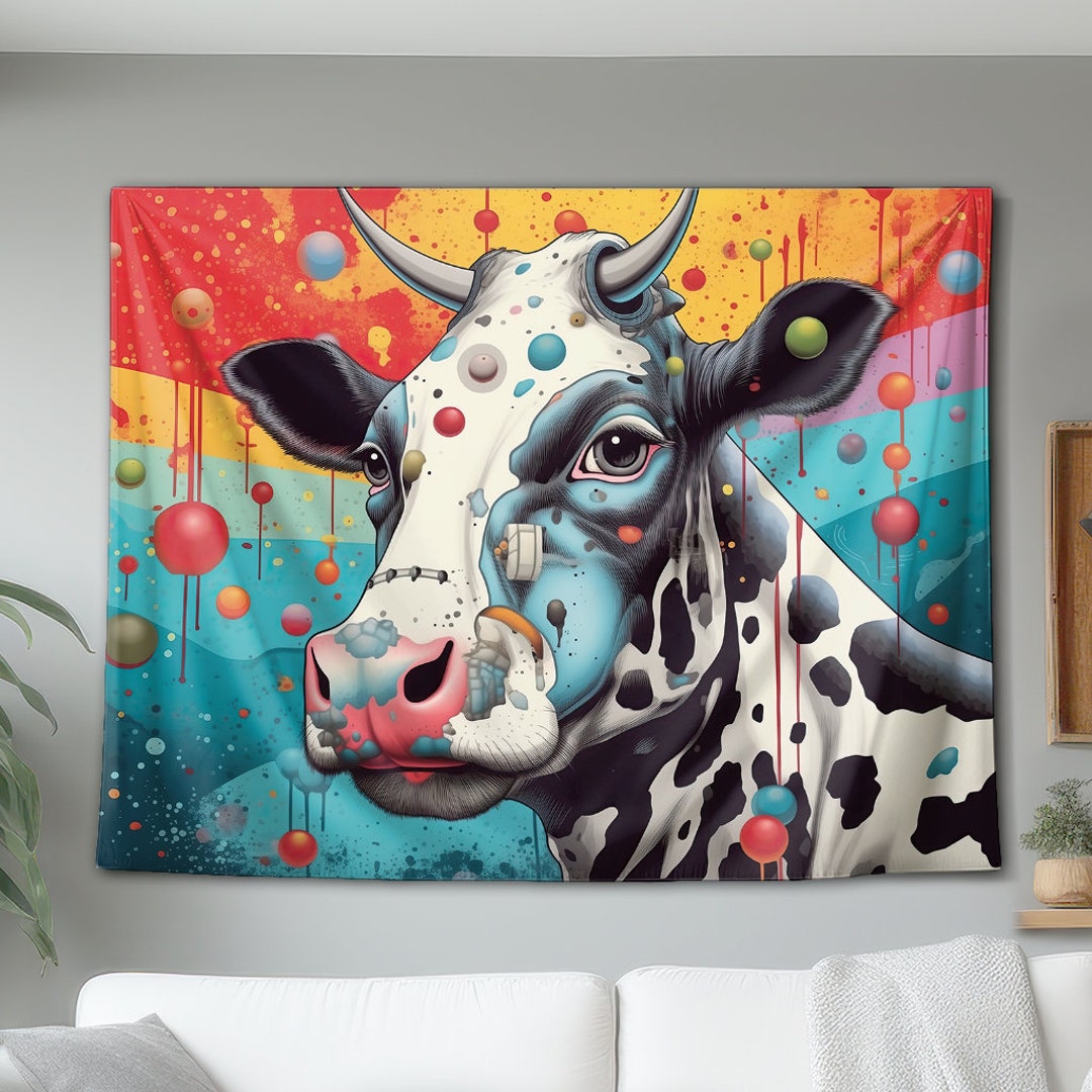 Trippy Cow With A Colourful Background Wall Tapestry, Hanging Wall Art ...