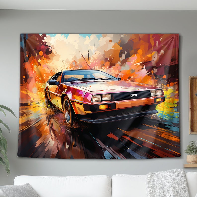 Artistic Colourful Delorean Wall Tapestry, Hanging Wall Art Decor ...