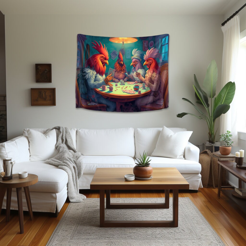 Chickens Playing Poker the Table Wall Tapestry, Hanging Wall Art Decor ...