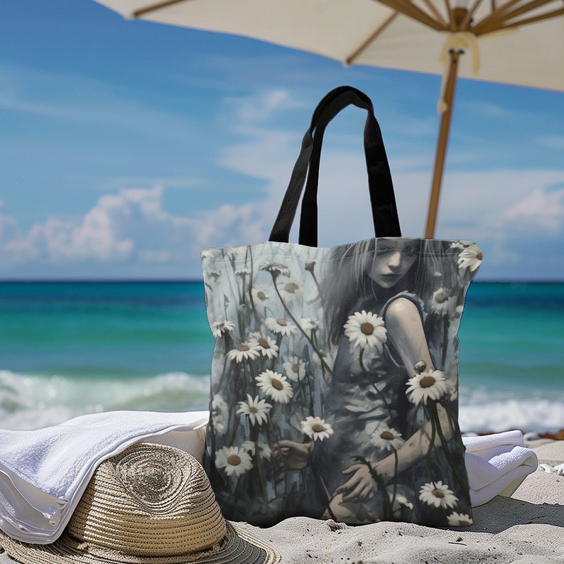Girl Walks in A Meadow of Daisy Flowers Tote Bag, All-over-print ...