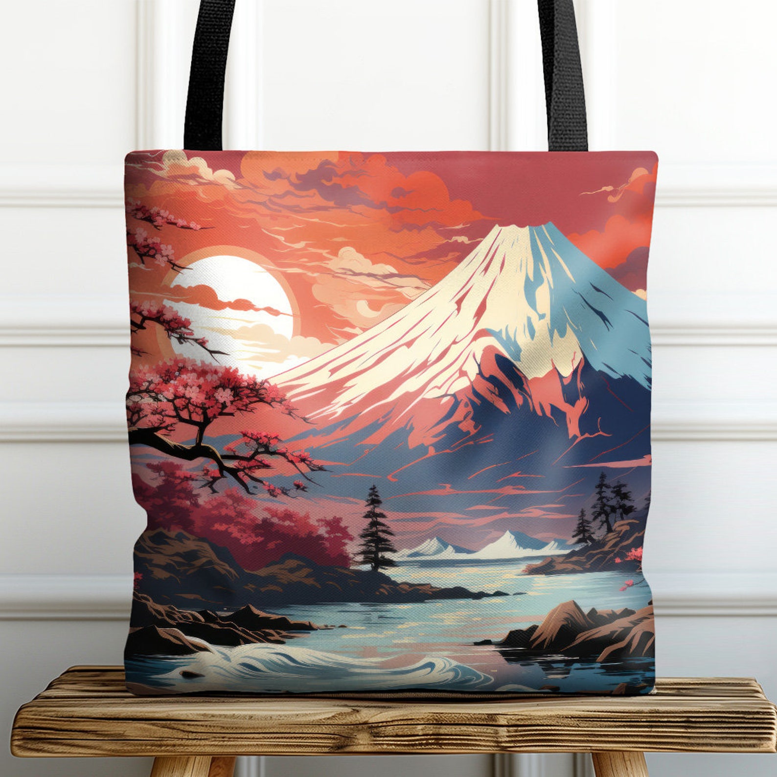 Mt Fuji With Cherry Blossom Trees Tote Bag, All-over-print, Reusable ...