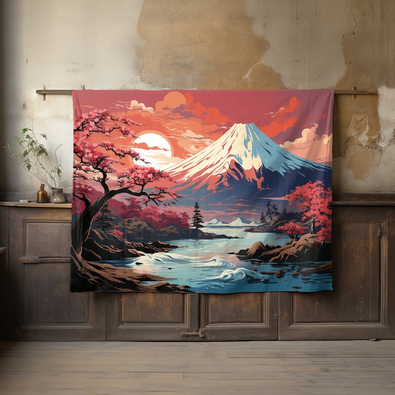 Mt Fuji With Cherry Blossom Trees Wall Tapestry, Hanging Wall Art Decor ...