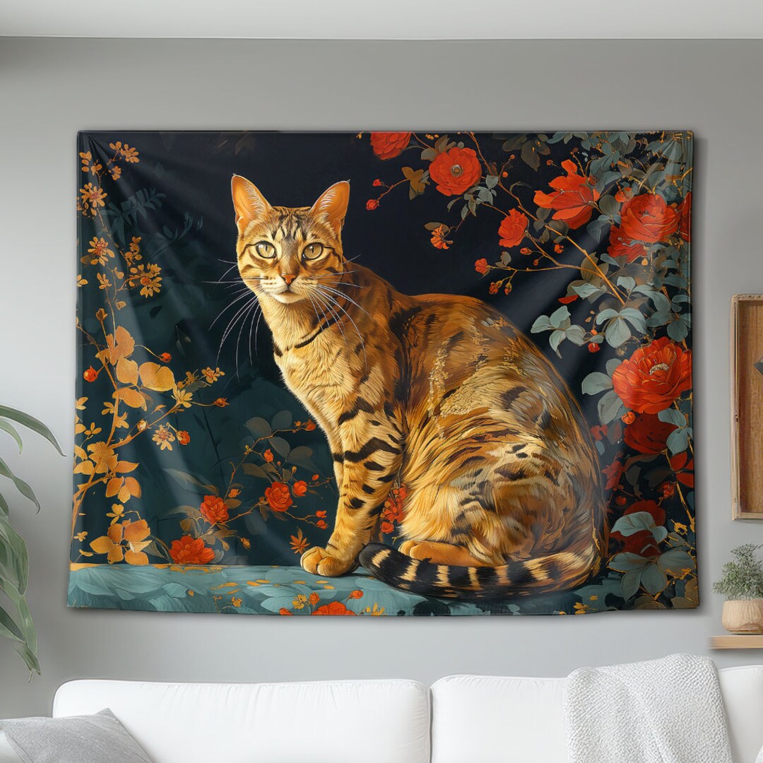 Tabby Cat Surrounded by Flowers Wall Tapestry, Hanging Wall Art Decor ...