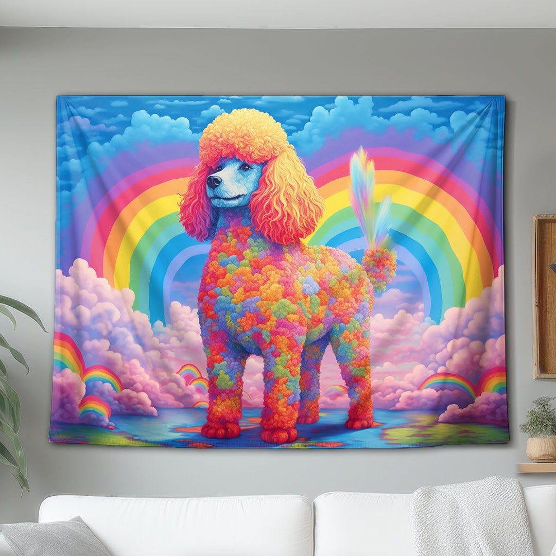 Trippy Colourful Poodle Doginfront of Rainbows Wall Tapestry, Hanging ...