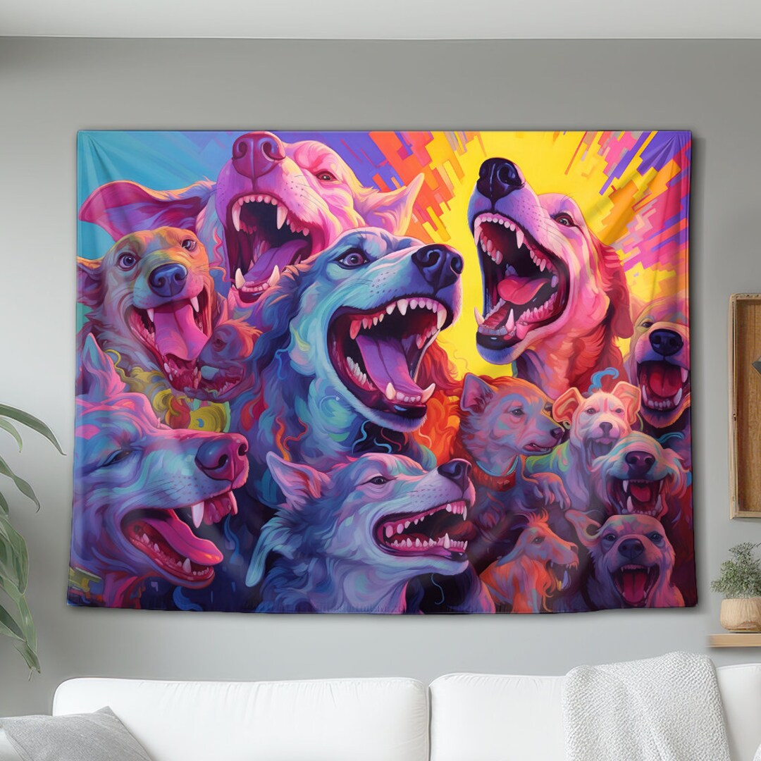 Trippy Pack of Dogs Barking Together Wall Tapestry, Hanging Wall Art ...