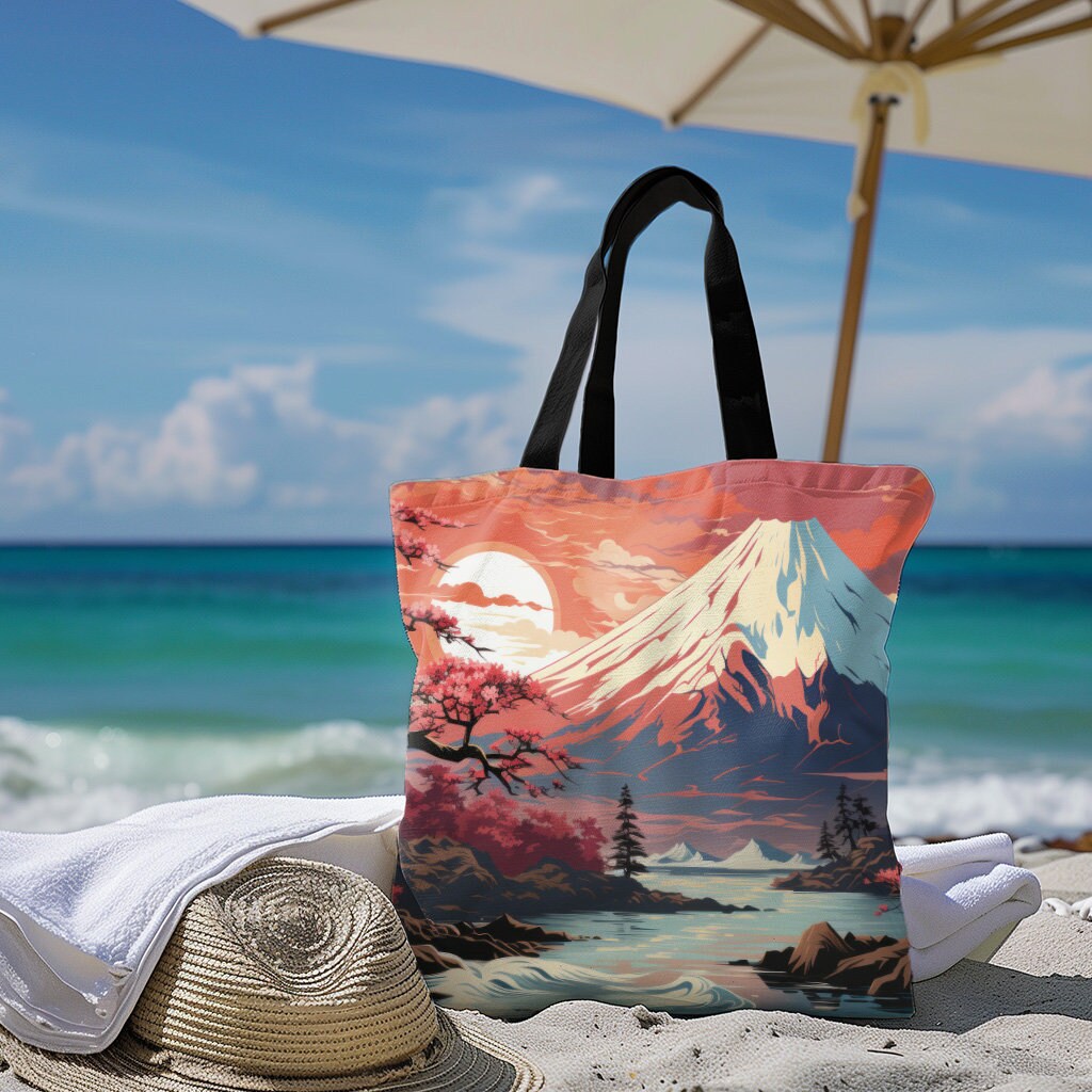 Mt Fuji With Cherry Blossom Trees Tote Bag, All-over-print, Reusable ...