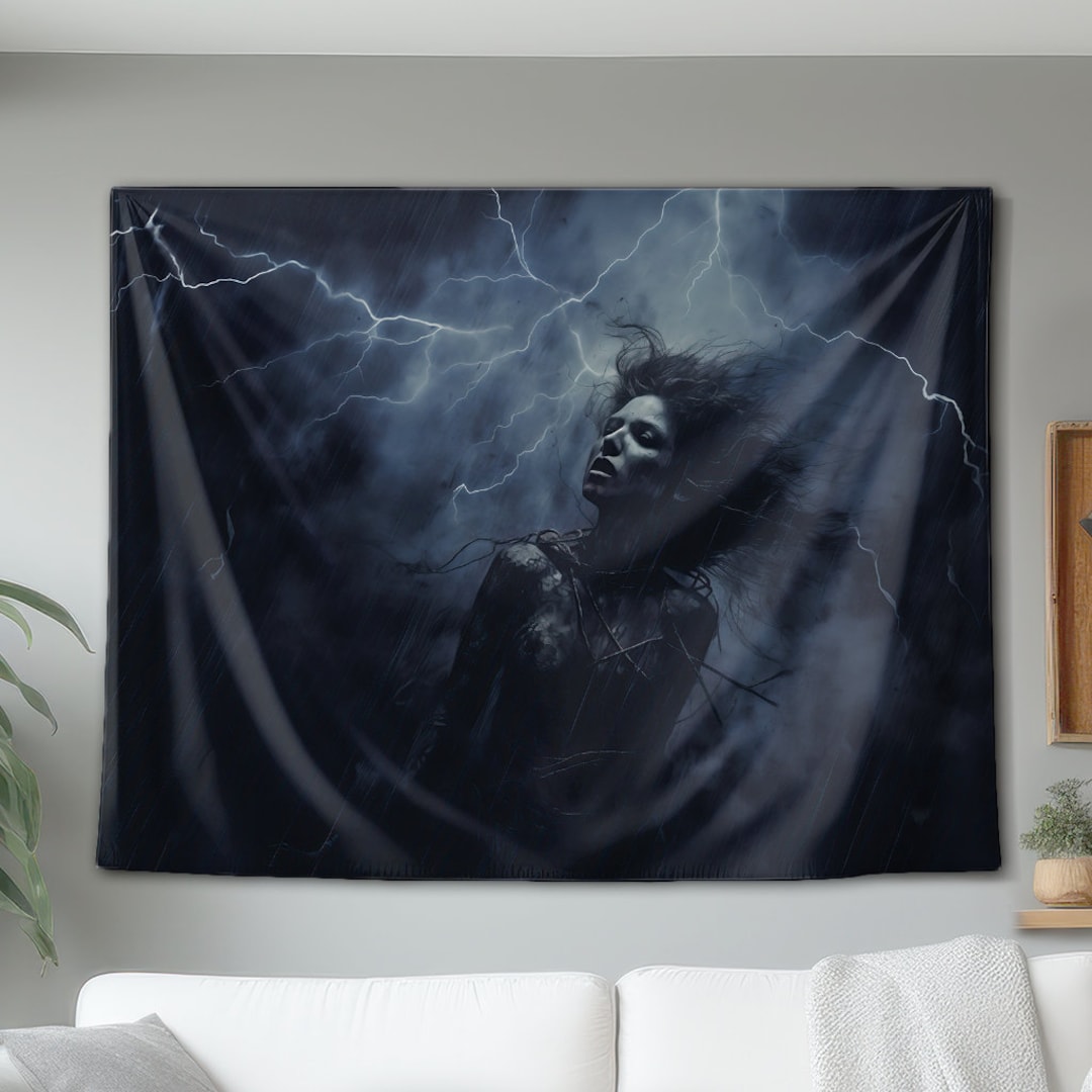 Lady Stands in A Dramatic Lightning Storm Wall Tapestry, Hanging Wall ...