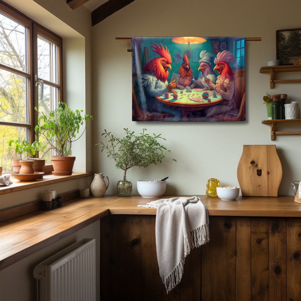 Chickens Playing Poker the Table Wall Tapestry, Hanging Wall Art Decor ...