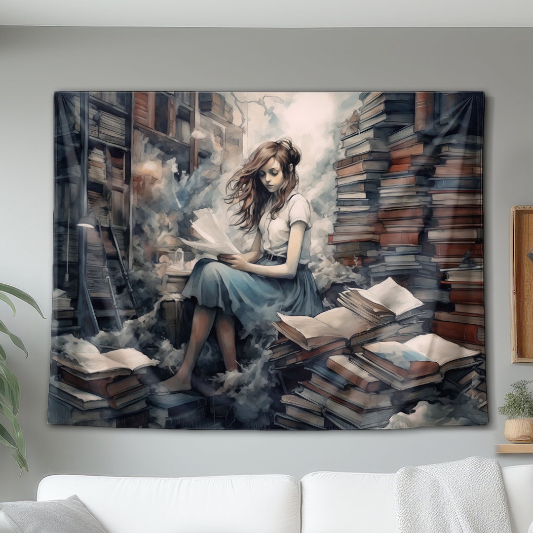 Girl in A Pile of Books Reading in A Library Wall Tapestry, Hanging ...