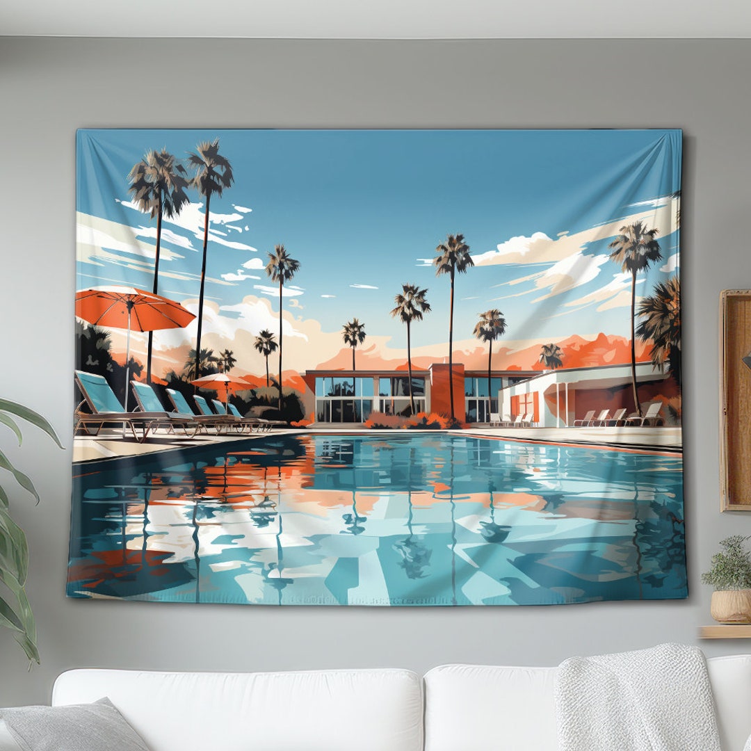 Swimming Pool and Palm Trees Wall Tapestry, Hanging Wall Art Decor ...