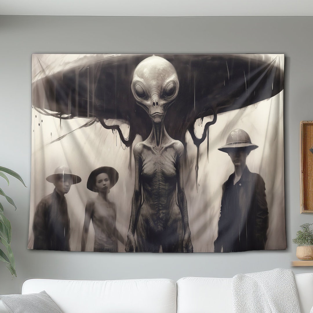 Tall Grey Alien Stands Next to Humans Wall Tapestry, Hanging Wall Art ...