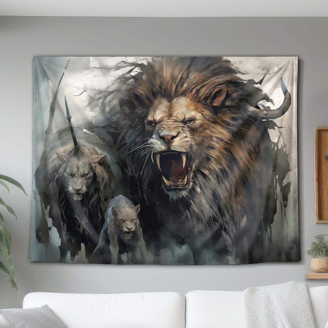 Menacing Large Lion Roaring Wall Tapestry, Hanging Wall Art Decor ...