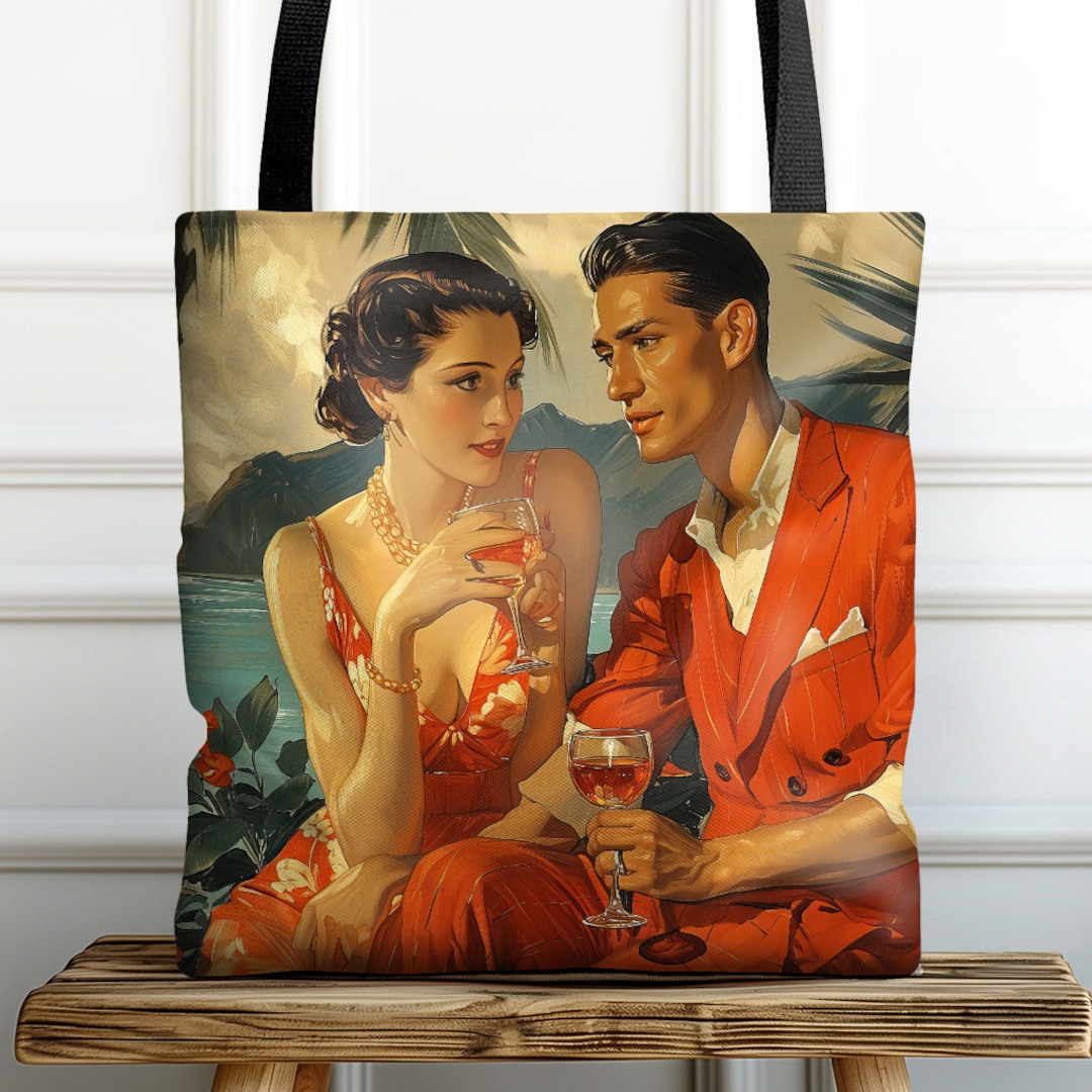 Couple Drinking Wine on A Beach Tote Bag, All-over-print, Reusable ...
