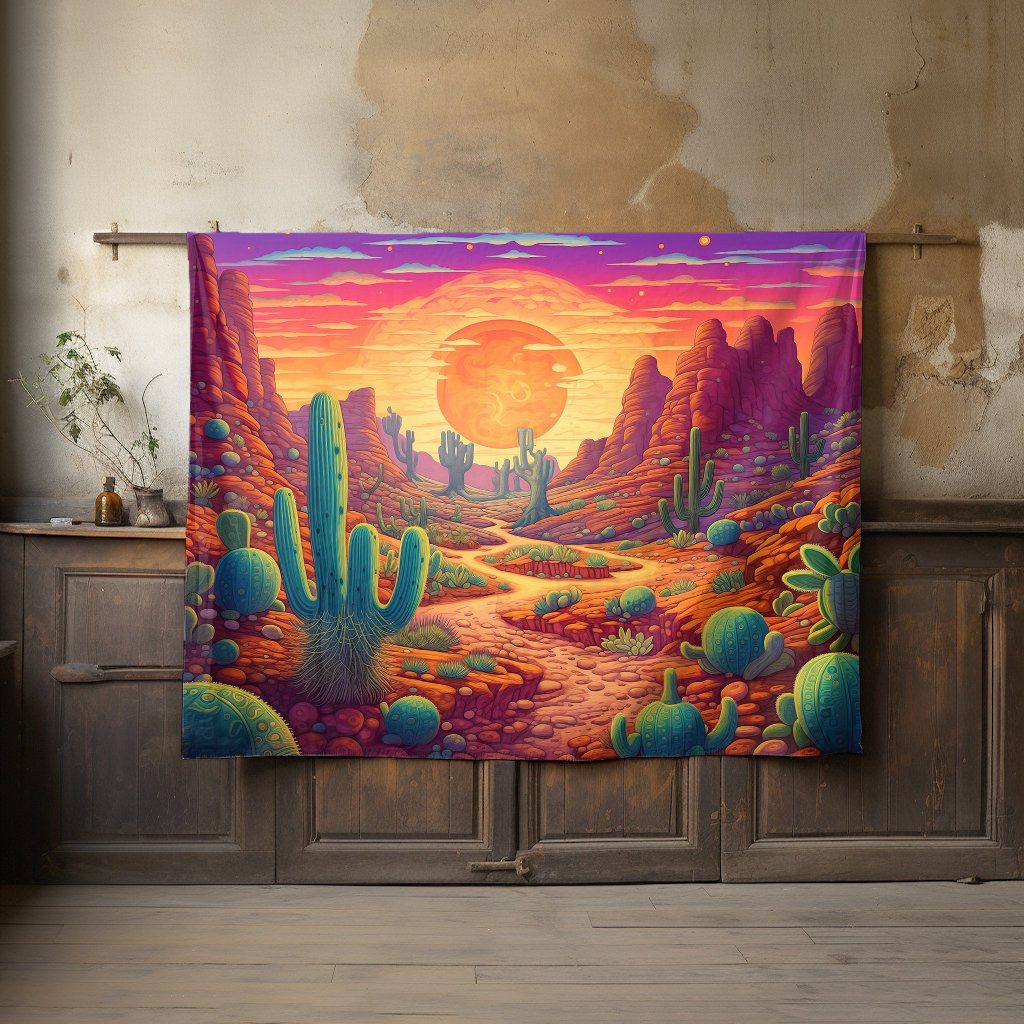 Psychedelic Desert at Sunset With Cactuses Wall Tapestry, Hanging Wall ...