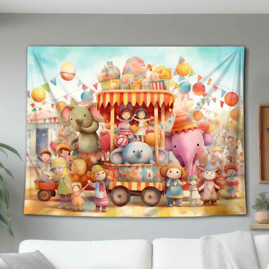 Cute Animal Carnival Parade Wall Tapestry, Children's Art, Hanging Wall ...