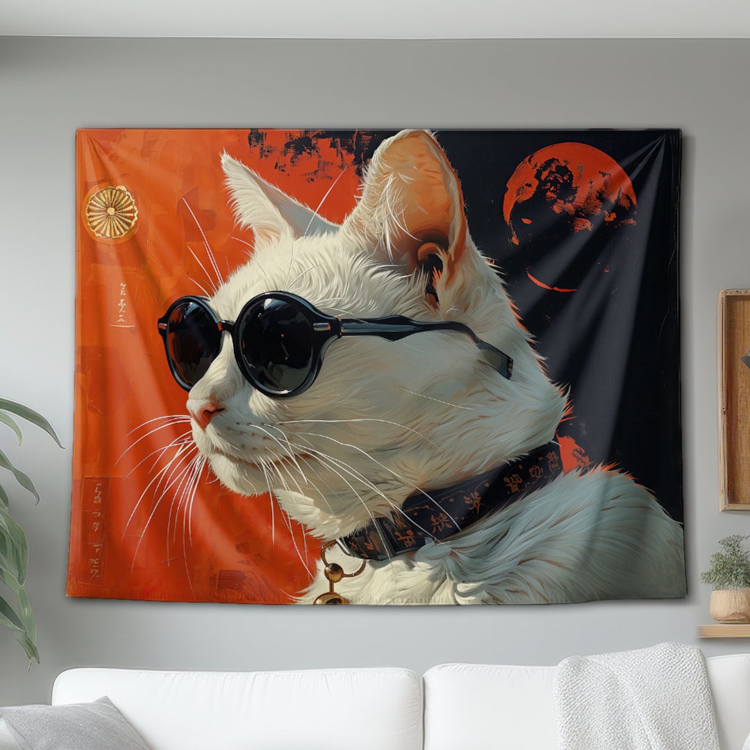 Cool White Cat in Dark Sunglasses Wall Tapestry, Hanging Wall Art Decor ...