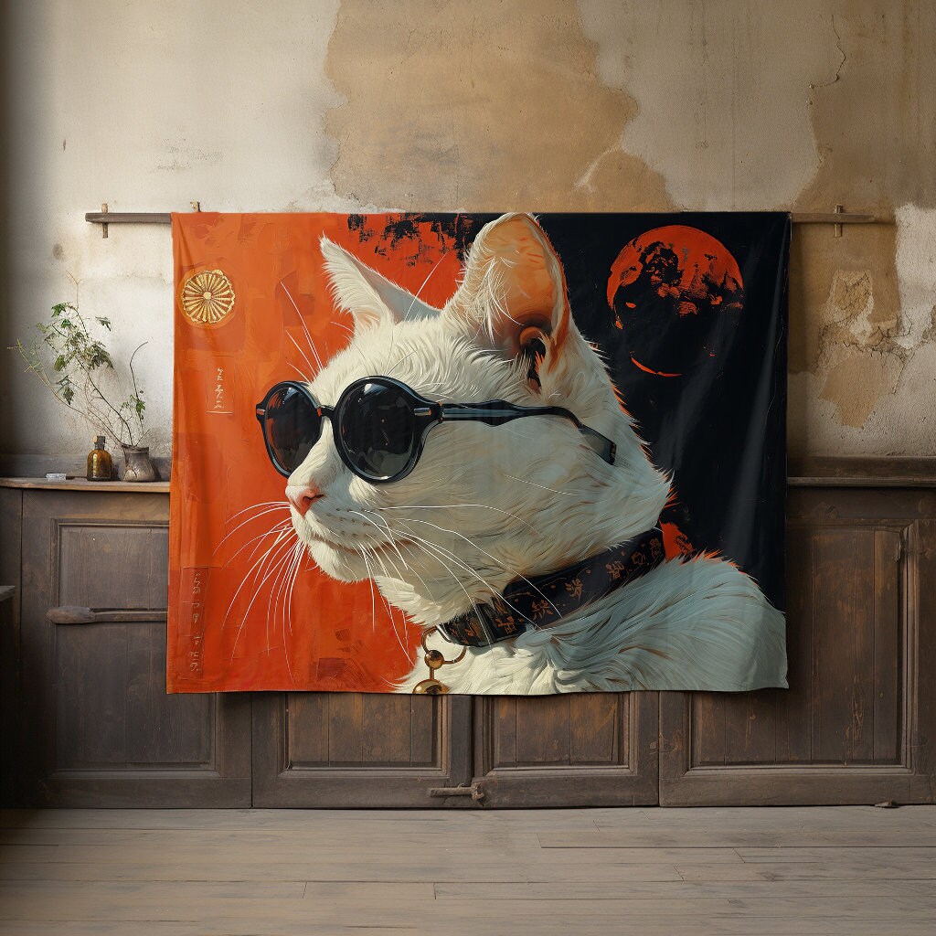 Cool White Cat in Dark Sunglasses Wall Tapestry, Hanging Wall Art Decor ...