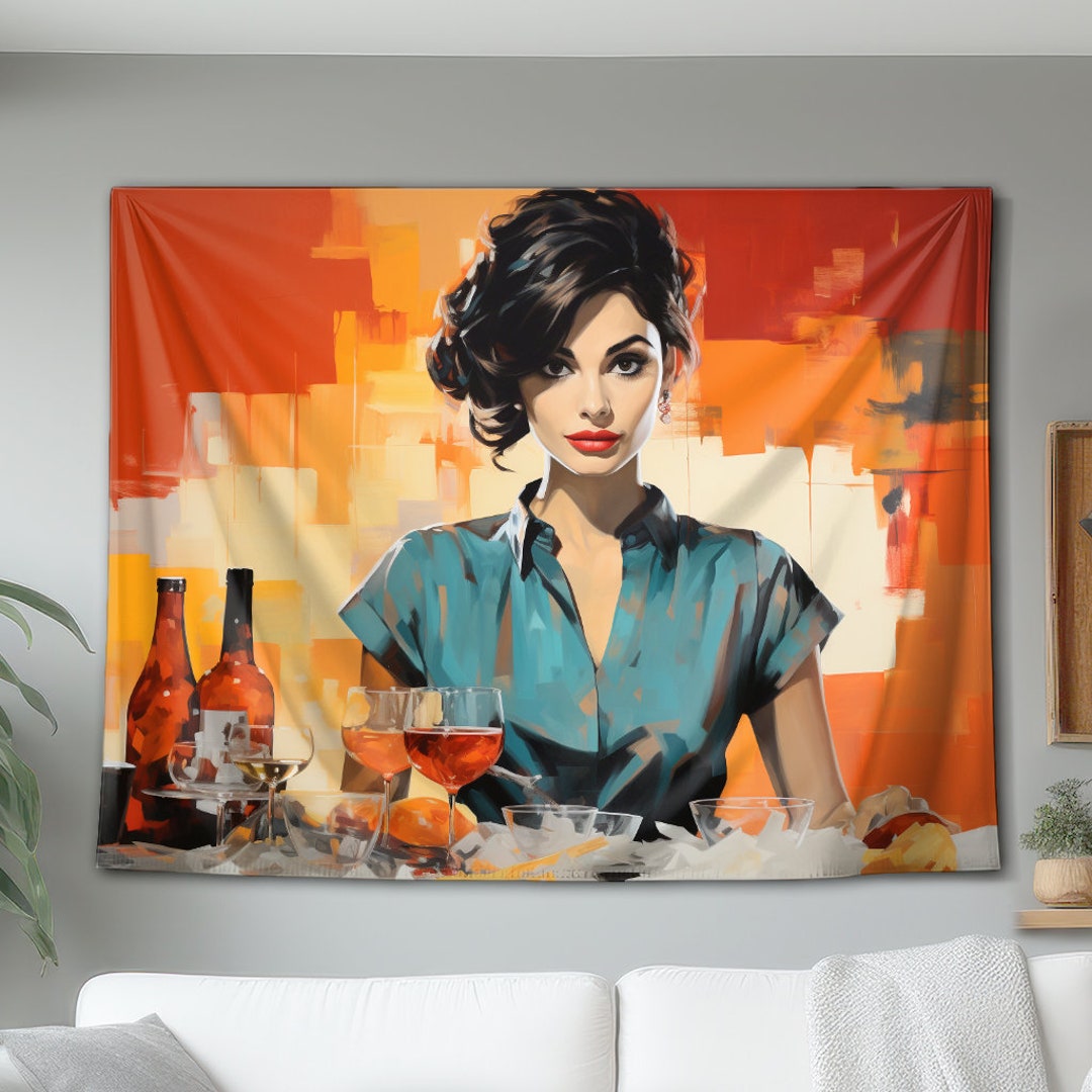 Classy Retro Woman With Drinks Wall Tapestry, Hanging Wall Art Decor ...