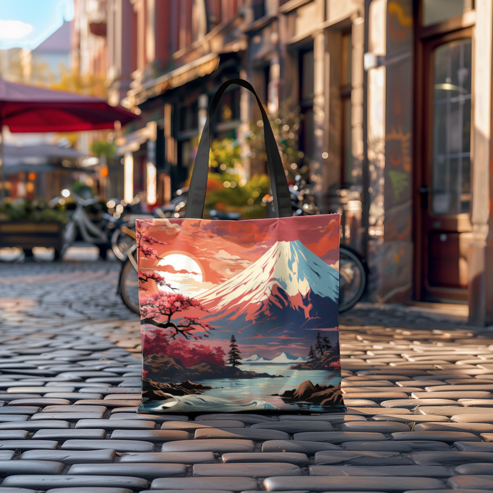 Mt Fuji With Cherry Blossom Trees Tote Bag, All-over-print, Reusable ...