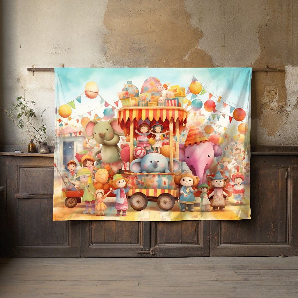 Cute Animal Carnival Parade Wall Tapestry, Children's Art, Hanging Wall ...
