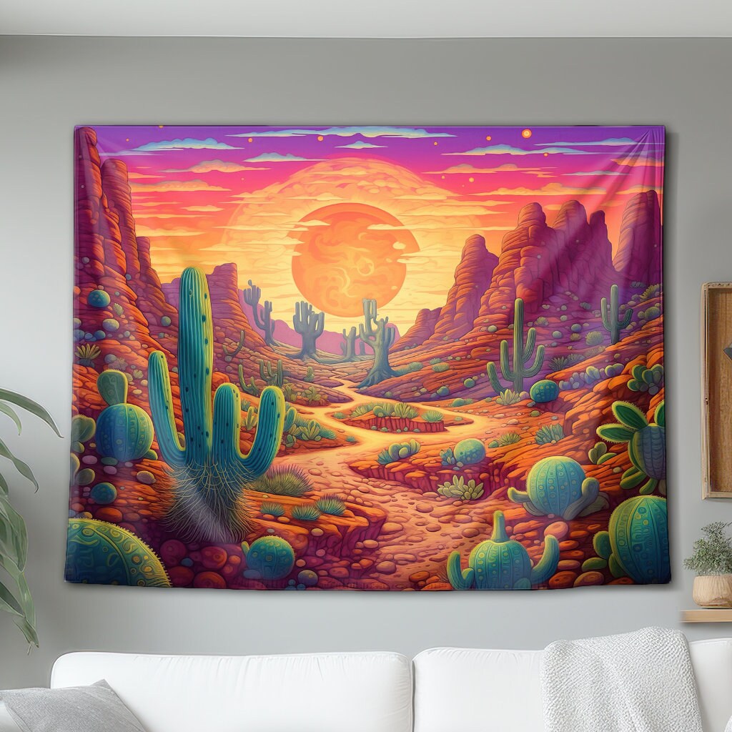 Psychedelic Desert at Sunset With Cactuses Wall Tapestry, Hanging Wall ...