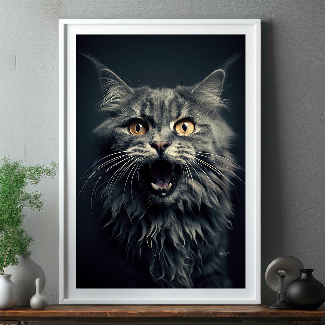 Grey Cat Meowing, Portrait Wall Art, Instant Downloadable Print ...