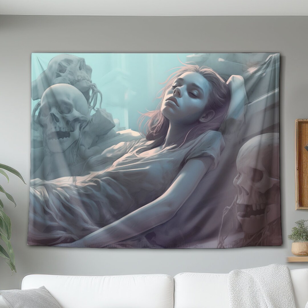 Girl Sleeps in A Erie Graveyard Full of Skulls Wall Tapestry, Hanging ...