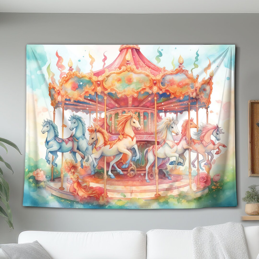 Fair Tale Carousel Beautiful Horses Wall Tapestry, Children's Art ...