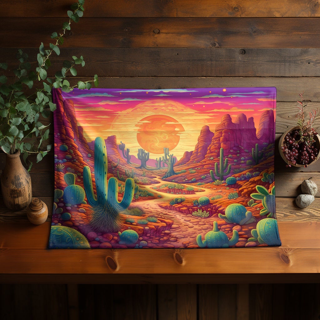 Psychedelic Desert at Sunset With Cactuses Wall Tapestry, Hanging Wall ...