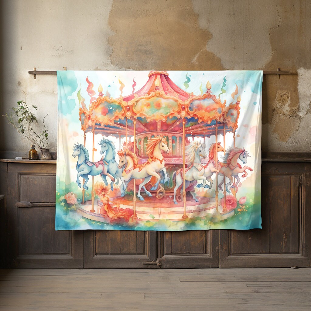 Fair Tale Carousel Beautiful Horses Wall Tapestry, Children's Art ...