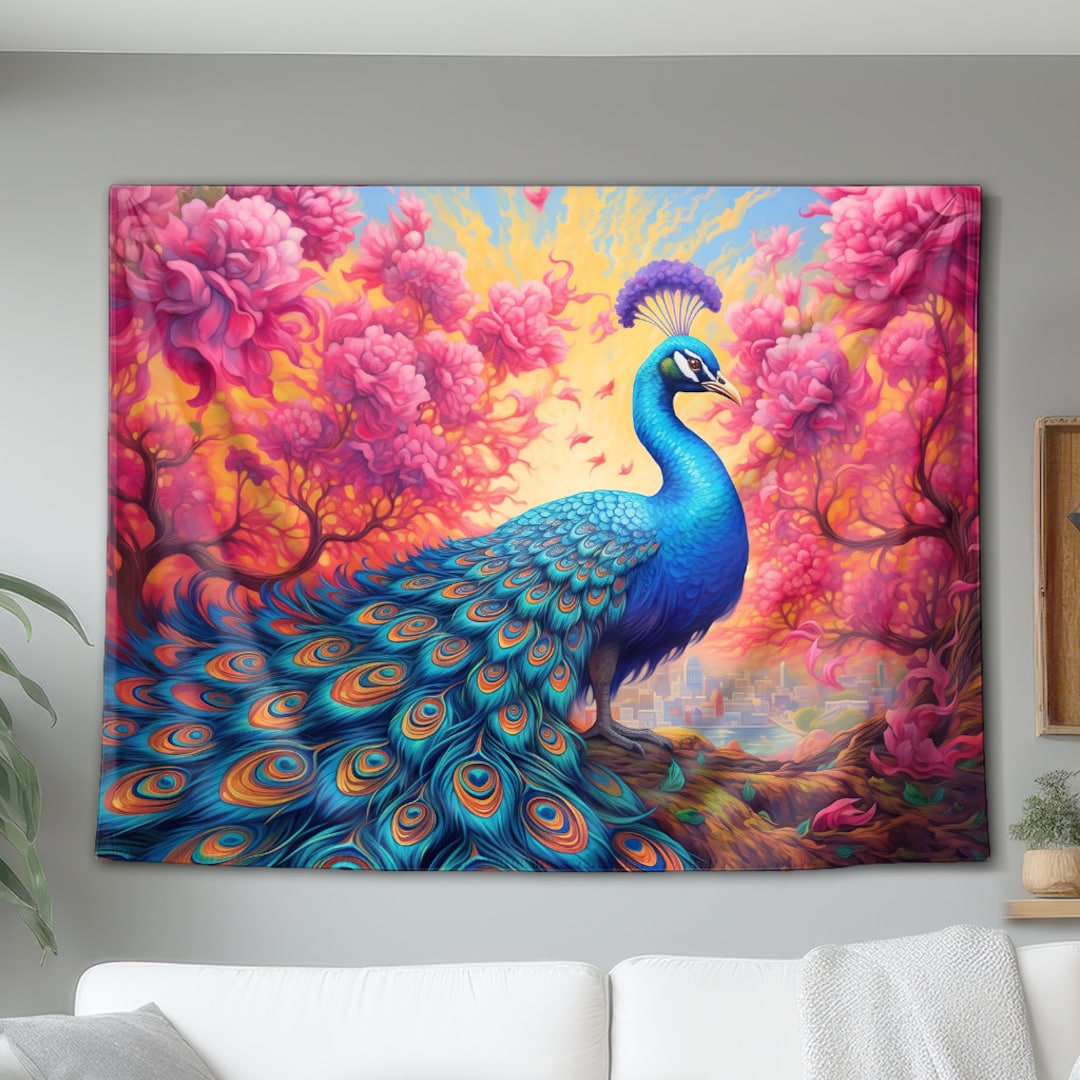 Peacock With Pink Flowers and Tress Wall Tapestry, Hanging Wall Art ...